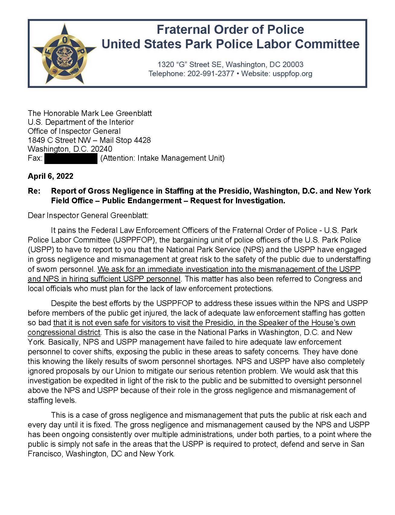 Unsafe Staffing Complaint Filed With DOI-IG